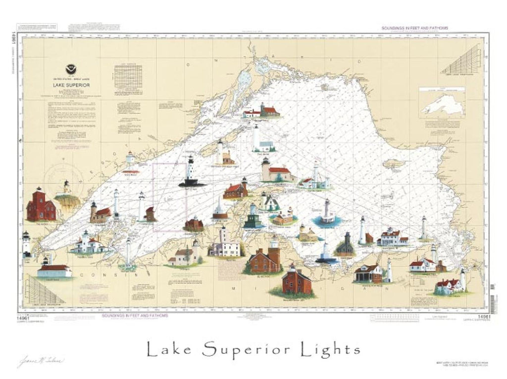 Buy map: Lake Superior, Lighthouse Map by Avery Color Studios ...